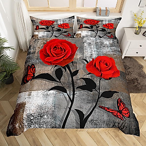 Red Rose Duvet Cover Queen,Grunge Brown Grey Ombre Comforter Cover for Adult,Vintage Watercolor Artwork Bedding Set,Oil Painting Butterfly Floral Quilt Cover with 2 Pillow Shams Bedroom Decor