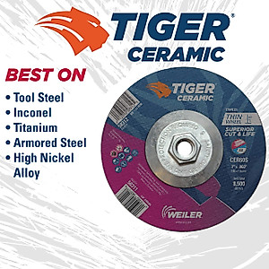 Weiler 58312 7 Inch Cutting Wheel, Tiger Ceramic Stainless Steel Superior Life & Cut Contaminant Free Max Performance Cutting, .060" CER60S Type 27 5/8"-11 Hub, Pack of 10