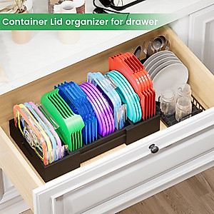 Kiasthome Expandable Bamboo Lid Organizers Inside Cabinet, Kitchen Cabinet Organizers with 3 Adjustable Dividers, Storage Plastic Lids, Food Container Lid Holder Organizer for Drawer Pantry, Black