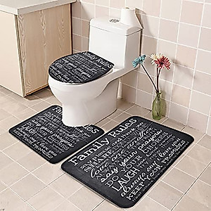 Apular Fashion 3 Piece Bath Rugs Set Family Rules Black White Non Slip Ultra Soft Bathroom Accessories Mats, U Shape Mat and Toilet Lid Cover Mat Bath Mats