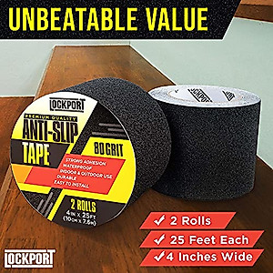 Lockport Grip Tape 2-Pack – Heavy Duty Anti Slip Tape with 80 Grit Traction – 4 in x 50 ft of Waterproof, Oil & UV-Resistant, Grip Tape for Stairs, Treads, & Ramps – Non Slip Tape