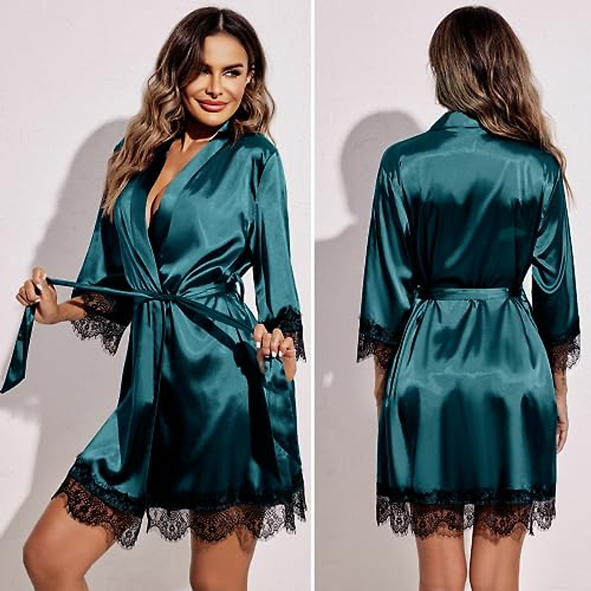 MAXMODA Sexy Pajamas Lace 3 piece Pjs Sets for Women Cami Shorts Lingerie Set with Silk Robe Bridal Sleepwear Dark Green
