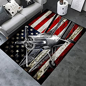 Vintage Airplane Pictures Print Area Rug, Airplane Propeller Rug, Military Aircraft Retro American Flag Mat Rug for Home Decoration Bedroom Living Room (Airplane-3, 39.4" x 62.9"(100cmX160cmX1cm))