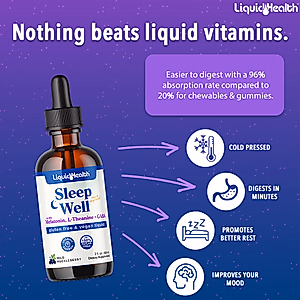 LIQUIDHEALTH Sleep Well Natural Sleep Aid Melatonin Drops - Better Sleep & Mood, Relax & Calm Mind, Fall Asleep Faster Stay Asleep Longer - Vegan, Sugar Free, Drug Free, Non-GMO, Great Taste (2 oz)