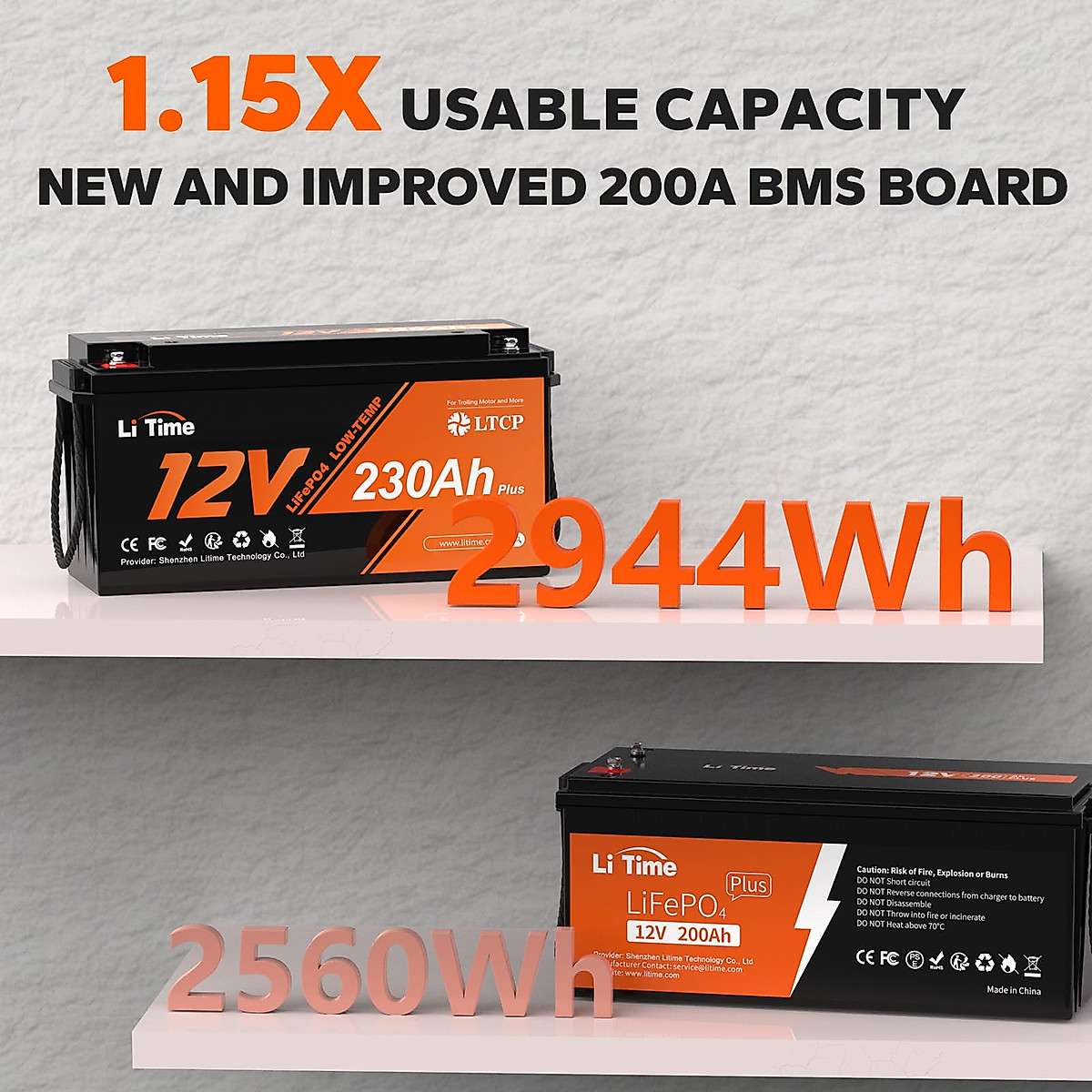 LiTime 12V 230Ah Plus Low-Temp Protection LiFePO4 Battery Built-in 200A BMS, Max 2944Wh Energy, Lithium Iron Phosphate Battery Perfect for Trolling Motors, Yacht, Marine, Boat, RV, Home Energy