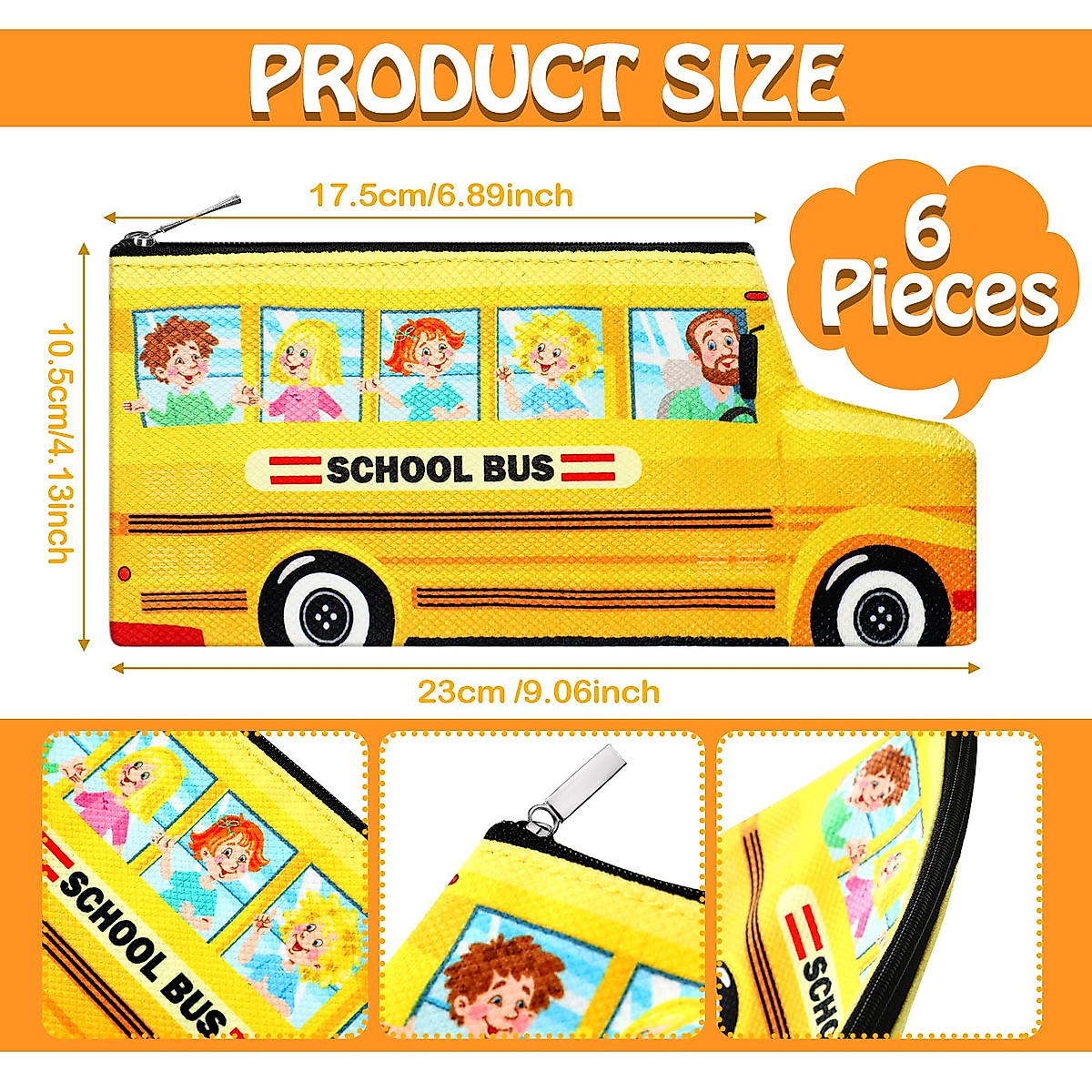 Fulmoon 6 Pcs Yellow School Bus Cute Pencil Case Small Pencil Pouch with Zipper Student Bus Pencil Box Simple Pencil Case Pencil Bag Cute