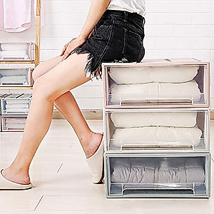 HEVIRGO Clothes Storage Bins Box,Wardrobe Clothes Organizer, Household Plastic Transparent Stackable Drawer Storage Box Container Organizer for Bedding, Blankets, Toys, Books Beige XXXL