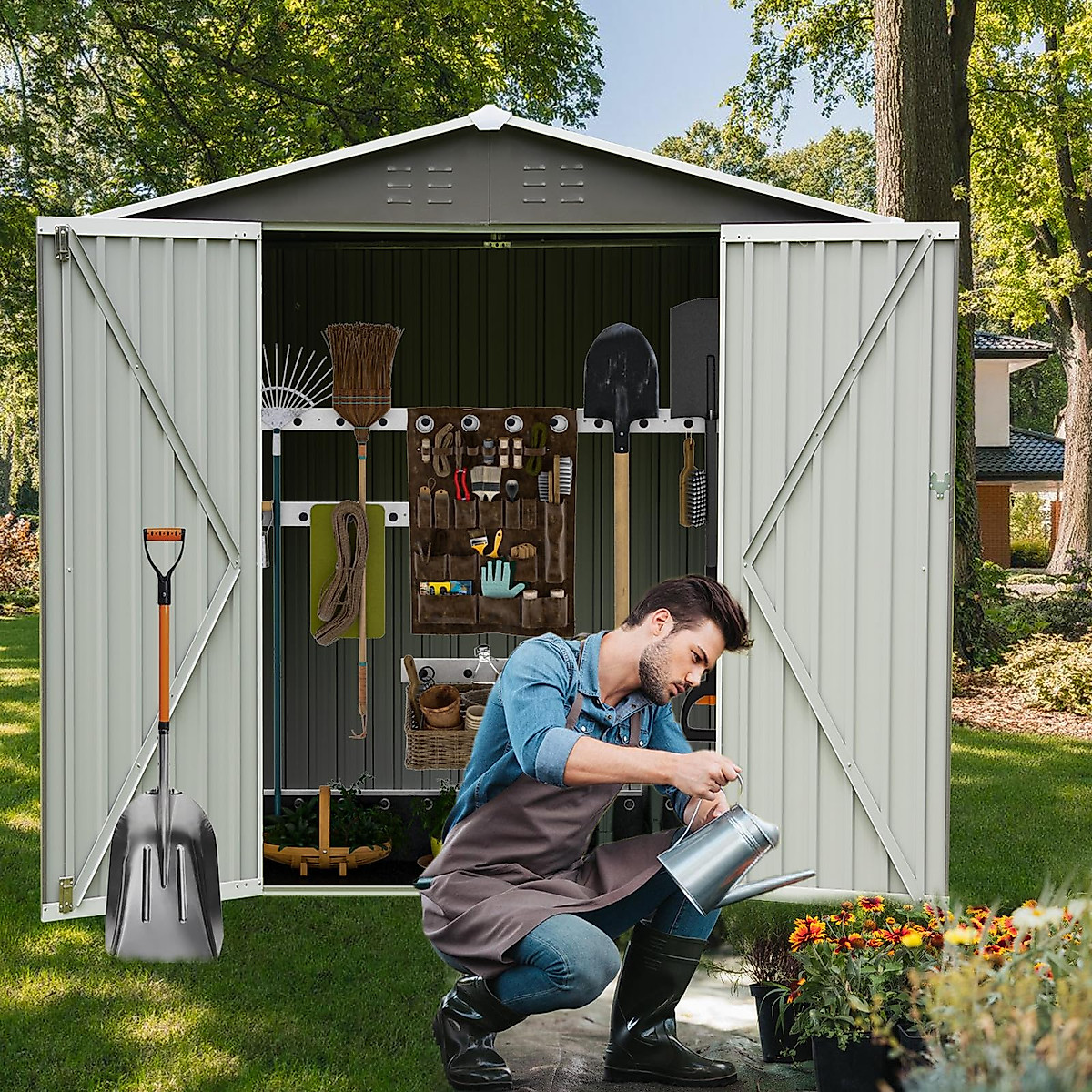 6x8 FT Outdoor Storage Shed, Garden Tool Storage Shed with Sloping Roof and Double Lockable Door, Outdoor Shed for Garden Backyard Patio Lawn