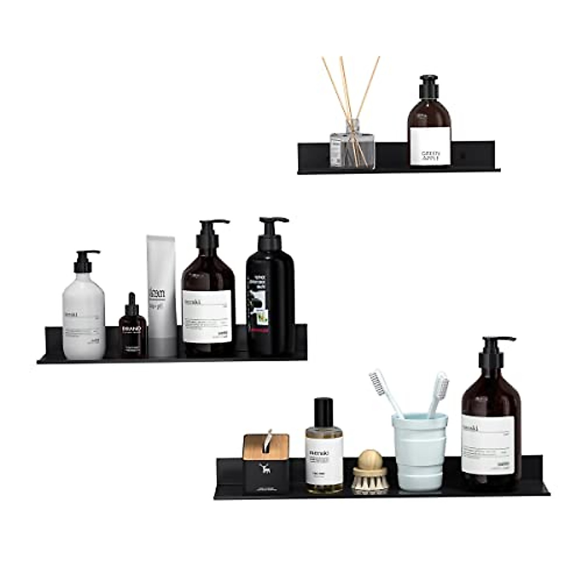 LAIGOO 2 Pcs Black Wall Shelves Bathroom Organizer, 2 Wall Mounted Bathroom Floating Shelves, Picture Display Ledge, Space Aluminum, Bathroom Shower Shelves (15.75+15.75 Inch)