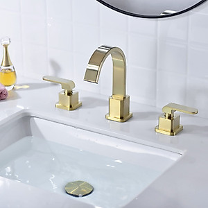 TRUSTMI 2 Handle 8 Inch Widespread Bathroom Faucet with Pop Up Drain Assembly Brass Square Waterfall Vanity Basin Sink Mixer Tap, Brushed Gold