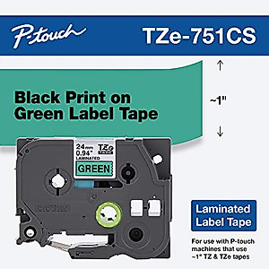 Brother Genuine P-touch, TZe-751CS, 0.94” x 26.2’, Black on Green Laminated Label Tape