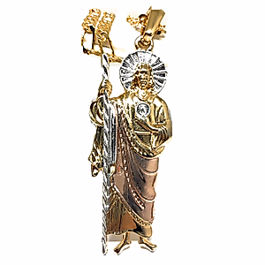 Big Saint Jude Pendant Necklace Figaro 26" San Judas Tadeo XL Tres Colores Medalla Con Oro Laminado