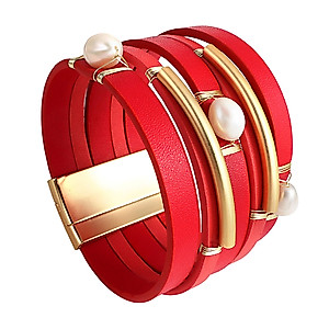 hotoo Baroque Natural Pearls Bracelets Boho Red Leather Wrap Bracelets for Women Gold Tube Bohemian Multi-Layer Cuff Bracelet Bangle with Buckle Jewelry Gifts