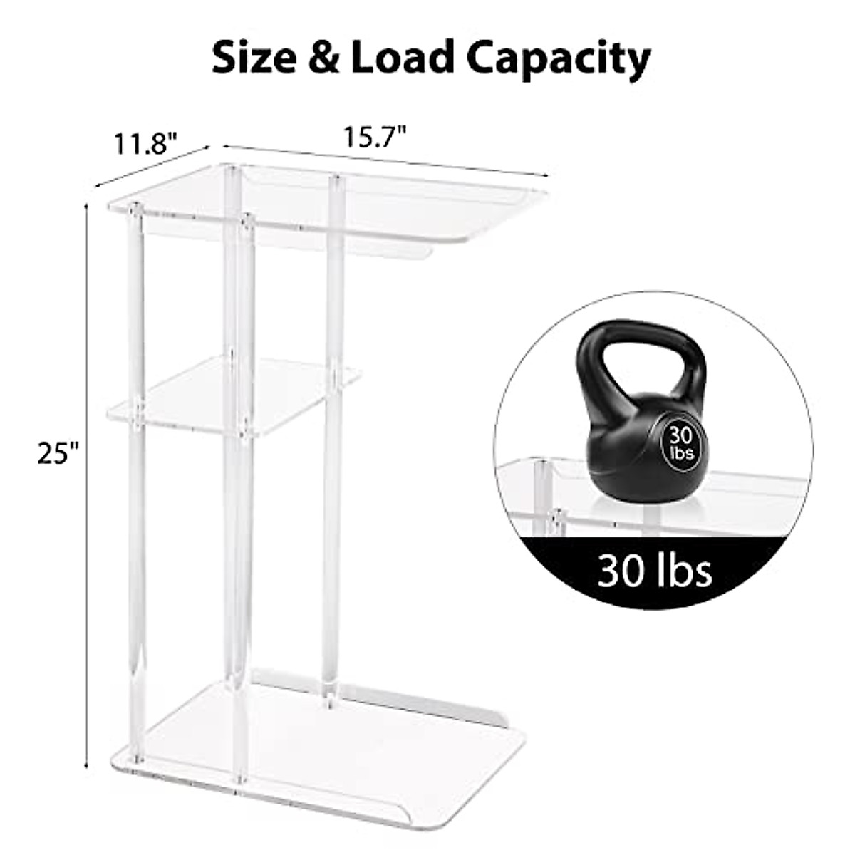 HMYHUM Clear Acrylic Side Table, C Shaped End Table for Sofa, Small Snack Tables for Living Room, Bedroom, Bathroom, 3 Tiers