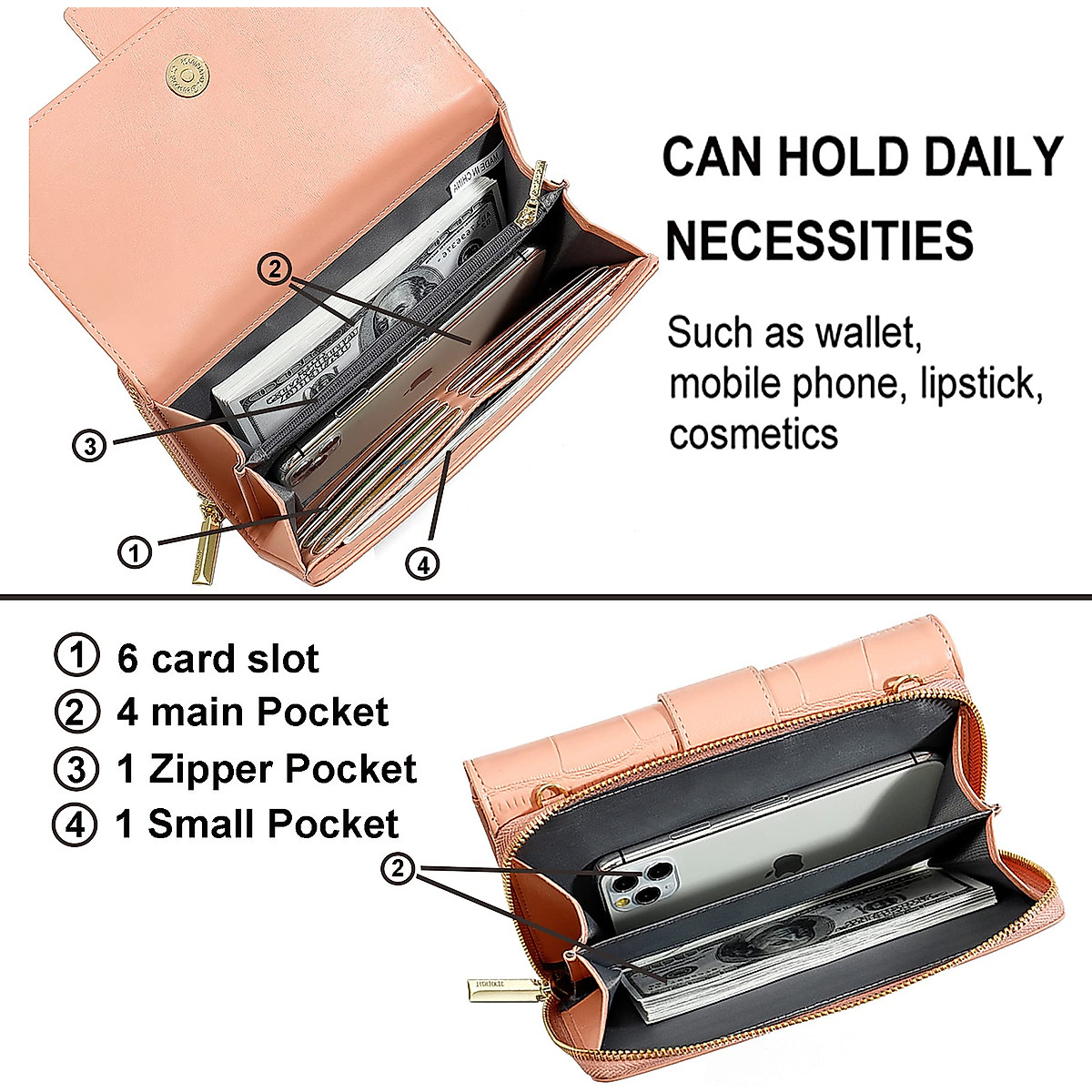 VINMEN Crossbody Phone Bag, Wrist Wallet Handbags, Leather Clutch Bag Evening Bag for Women and Girls (Pink)