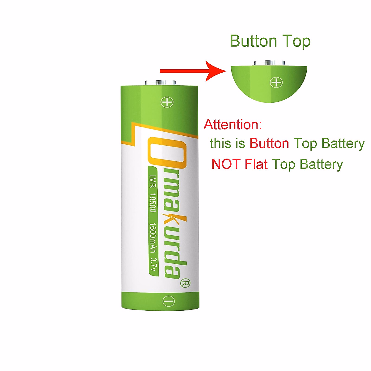 Ormakurda 18500 Rechargeable Battery, IMR 18500 1600mAh 3.7V Li-ion Rechargeable Batteries with Button Top,for Flashlight, Solar Garden Light (2Pack)