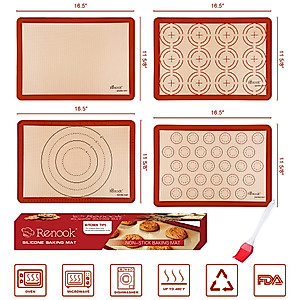 RENOOK silicone baking mats set of 4 half sheets mats +1 oil brush