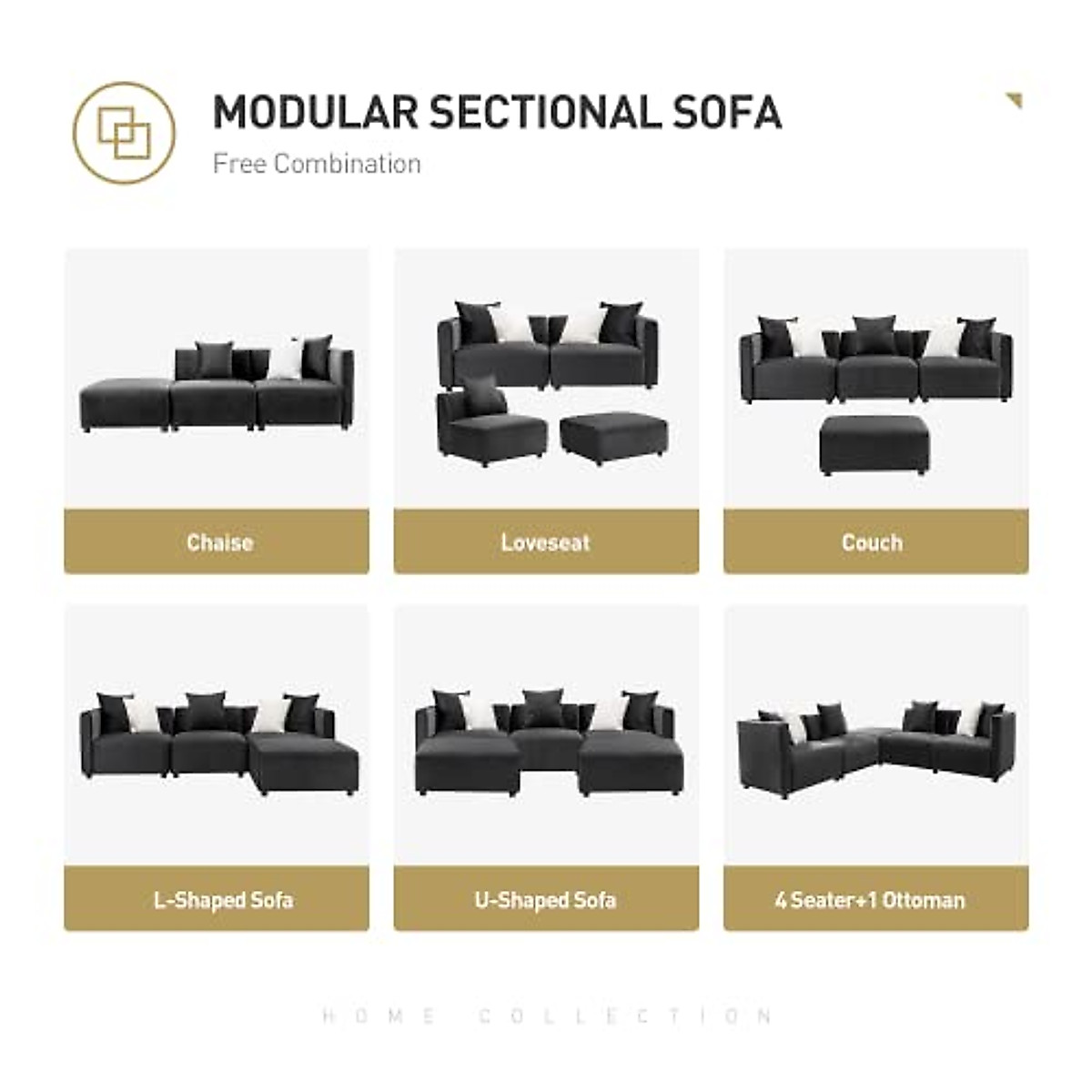 Acanva Convertible L-Shaped Modular Sectional Sofa with Reversible Chaise, Soft Velvet Fabric Padded Upholstered Couch for Living Room Apartment, 1-Seater Left Arm, Black