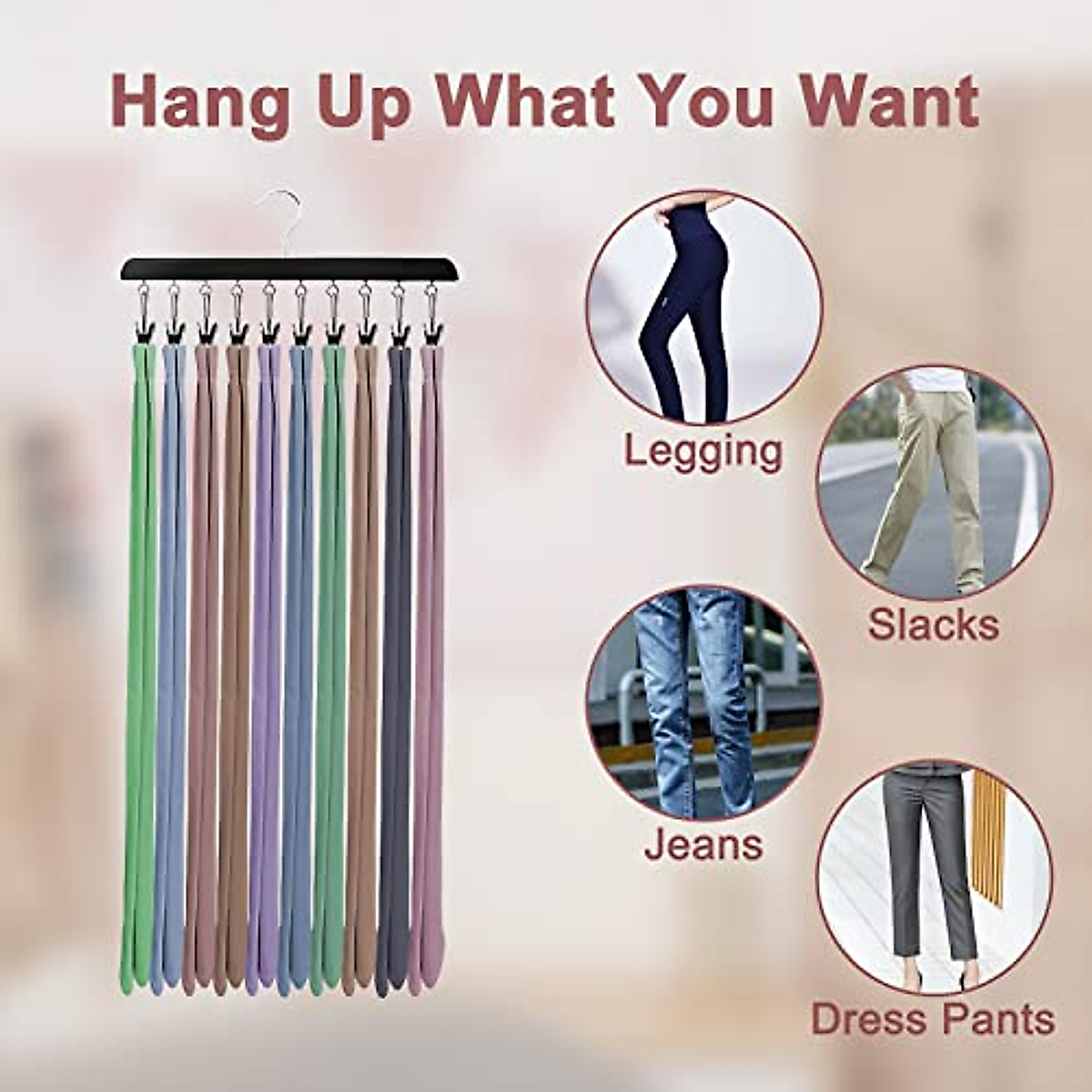3 Pack Legging Organizer for Closet, Wooden Leggings Hangers Organizer with 30 Metal Clips, Hangers Space Saving Closet Organizer and Storage with 360° Swivel Hook for Leggings, Pants, Skirts, Ties