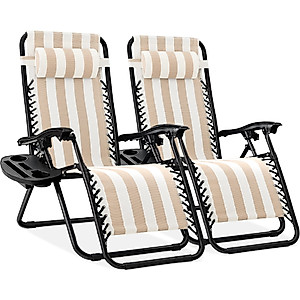 Best Choice Products Set of 2 Adjustable Steel Mesh Zero Gravity Lounge Chair Recliners w/Pillows and Cup Holder Trays, Tan Striped