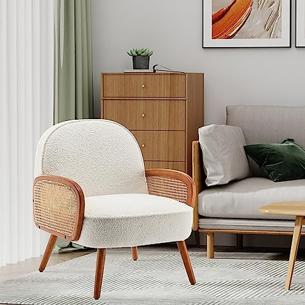 SHINEBOOM Accent Chairs Rattan Comfy Upholstered Modern Arm Chair for Living Room Reading Bedroom Balcony Sherpa Plush Chair, White