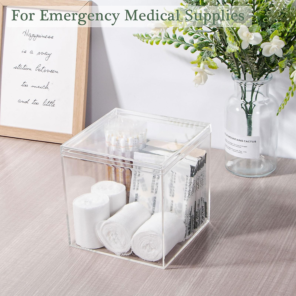 Clear Acrylic Boxes for Storage, Yeeco Acrylic Storage Cube Containers with Lids, Square Boxes in 4.7”×4.7”×4.7” Inches for Candy, Cotton Ball, Beads, Tiny Arts, Watches, Earring, Cosmetics, 4 Pack