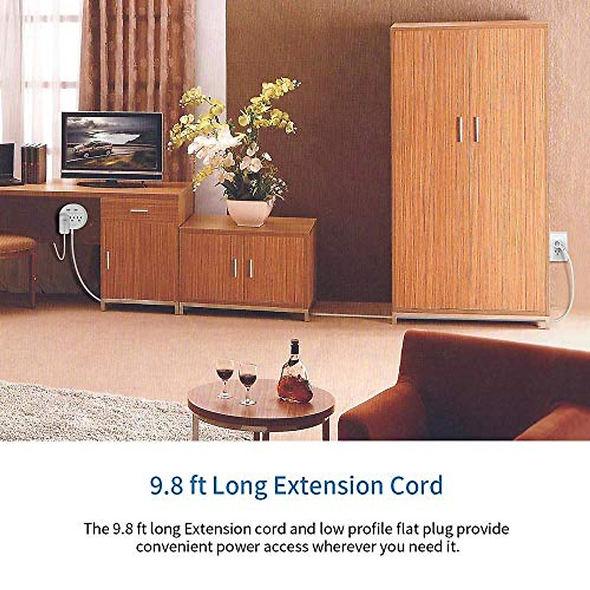 NTONPOWER Flat Plug Power Strip Bundle, 2 Outlets 3 USB Compact Power Strip with 10ft and 15 ft Extra Long Extension Cord, Right Angle Plug for Office, Home, Nightstand, Dorm Essentials