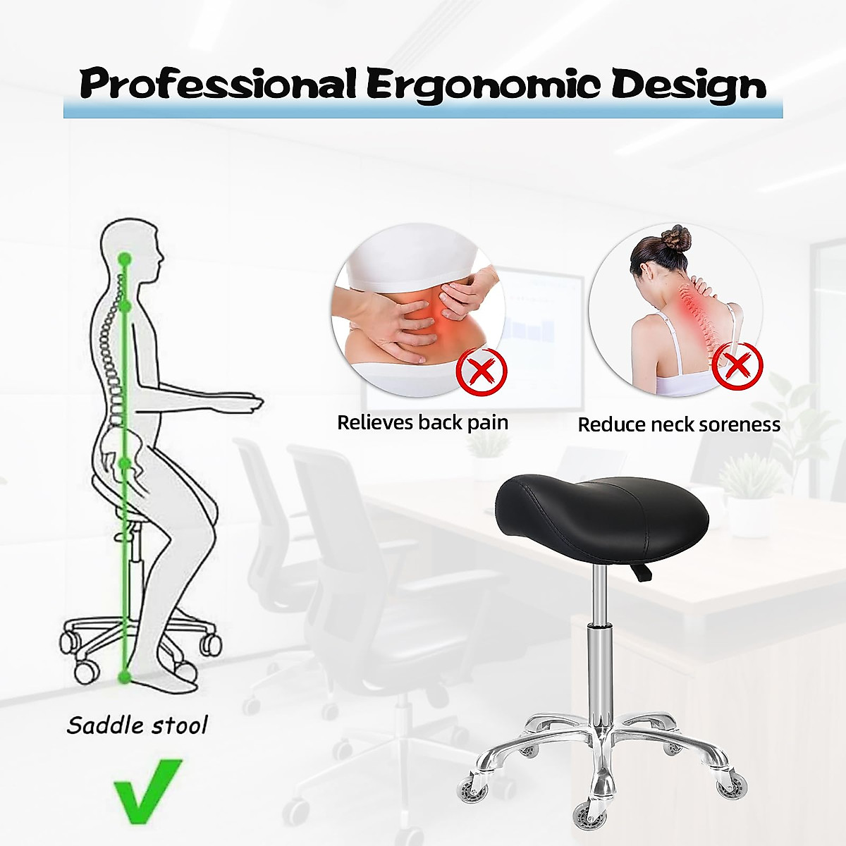 Saddle Stool Rolling Ergonomic Swivel Chair for Dental Office Massage Clinic Spa Salon,Adjustable Hydraulic Stool with Wheels (Without Backrest, Black)