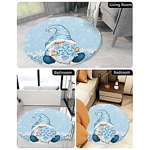 Winter Fluffy Round Area Rug Carpets 4ft, Plush Shaggy Carpet Soft Circular Rugs, Non-Slip Fuzzy Accent Floor Mat for Living Room Bedroom Nursery Home Decor Christmas Gnomes Blue Snowflake