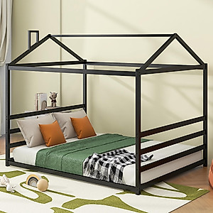 Merax Queen Size Metal House Bed with Roof, Floor Beds with Sturdy Steel Bedframe for Boys and Girls, No Box Spring Needed, Black