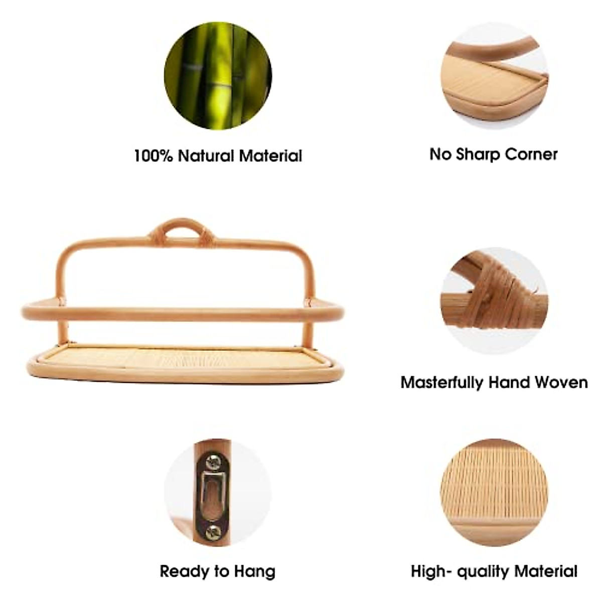 T'Furni Rattan Wall Shelf for Living Room Kitchen Wall Decor - Natural Rattan Floating Shelves - Rectangle Shelf Wall Decor - Natural Hanging Book - Wall Shelves with Storage - A2