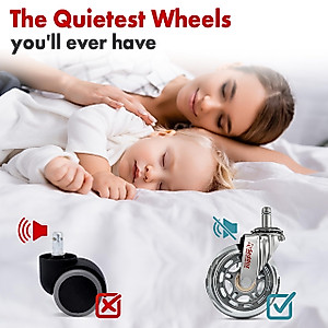 Professional Office Chair Wheels 10mm Stem - FIT IKEA Chairs ONLY - 3'' Replacement Rollerblade Rubber Chair Casters - Best Protection for Your Hardwood Floors Without Any Chair MATS - Silver