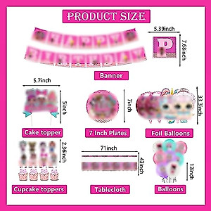 Pink Dolls Birthday Supplies Party Decorations, Pink Girls Theme Birthday Kit Include Banner, Tablecloth, Balloons, Plates, Stickers, Foil Balloons, Gift Bag, Hanging Swirls, Backdrop, Cake & Cupcake Toppers, Cartoon Birthday Gift for Kids