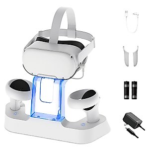 NexiGo Enhanced Charging Dock with LED Light for Oculus Quest 2, [Support Elite Strap with Battery], Headset Display Stand and Controller Mount, 2 Rechargeable Batteries, Magnetic Cable (Renewed)