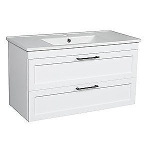 Sample of Cabinet Finish | Modern Wall-Mounted Bathroom Vanity with Washbasin | Palm Beach White High Gloss Collection | Non-Toxic Fire-Resistant MDF-Omega Collection R-line 24"