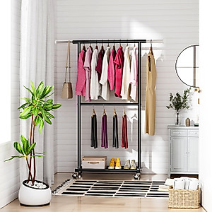 MWQ Double Rod Clothes Garment Rack on Wheels, 50in Long Rolling Clothing Storage Organizer with Adjustable Rod and Shelf, Black
