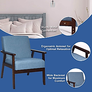 Giantex Mid-Century Modern Accent Chair, Retro Fabric Armchair, Solid Hardwood Made, Upholstered Linen Lounge Arm Chair for Living Room (1, Blue)