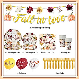Fall in Love Bridal Shower Decorations Tableware 111pcs Romantic Theme Fall Wedding Decorations Set Include Plates,Napkins,Cups,Forks,Balloons,Waterproof Tablecloth and Banner for 20 Guests