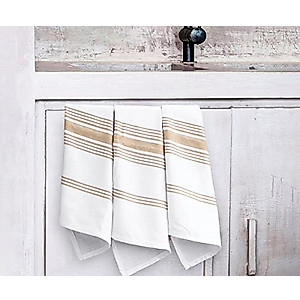 Cotton Dish Towels Set of 6 - Beige & White Tea Towels - Kitchen Dish Towels - Hand Towels with Hanging Loop - Striped Hand Towels, Farmhouse Dish Towels, Linen Bar Towels, (Beige/White, 18 x 28")