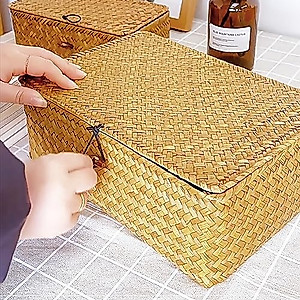 Seagrass Storage Basket, Rectangular Seagrass Basket, Natural Seagrass Storage Basket Woven Rectangular Shelf Basket Bins with Lids Desktop Organizer Wicker Baskets for Organizing(L)
