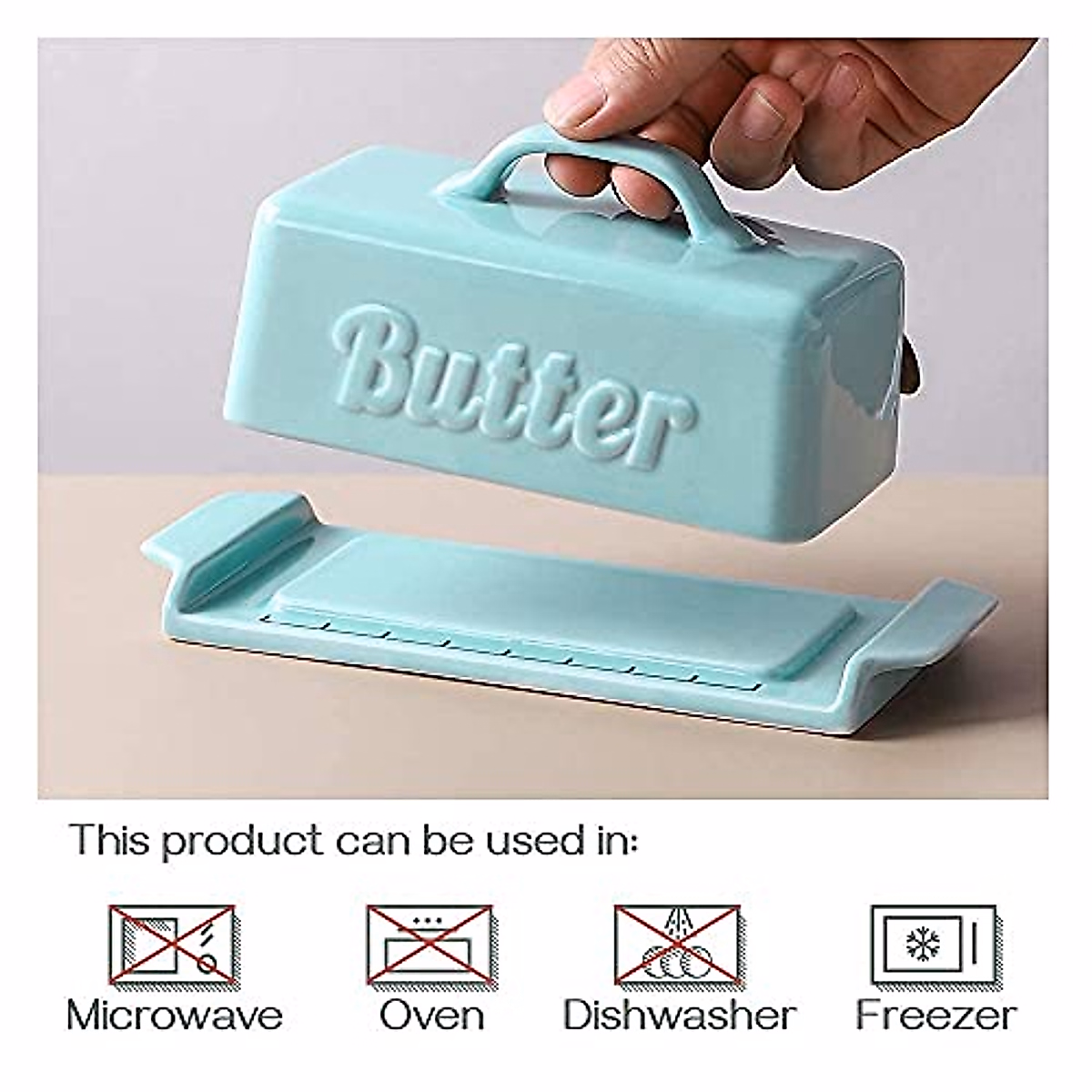 DOWAN Butter Dish with Lid and Knife, Butter Dish with Cutting Measurements and Humanized Knife Handle for East West Coast Butter, Ceramic Butter Dish with Lid for Countertop, Turquoise