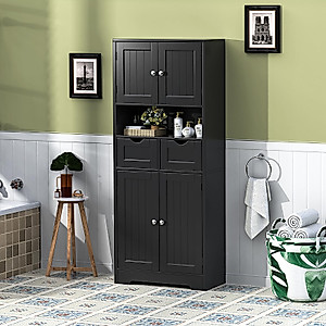 Iwell Tall Storage Cabinet with Adjustable Shelf, Bathroom Cabinet with 2 Drawers, Linen Cabinet for Living Room, Black