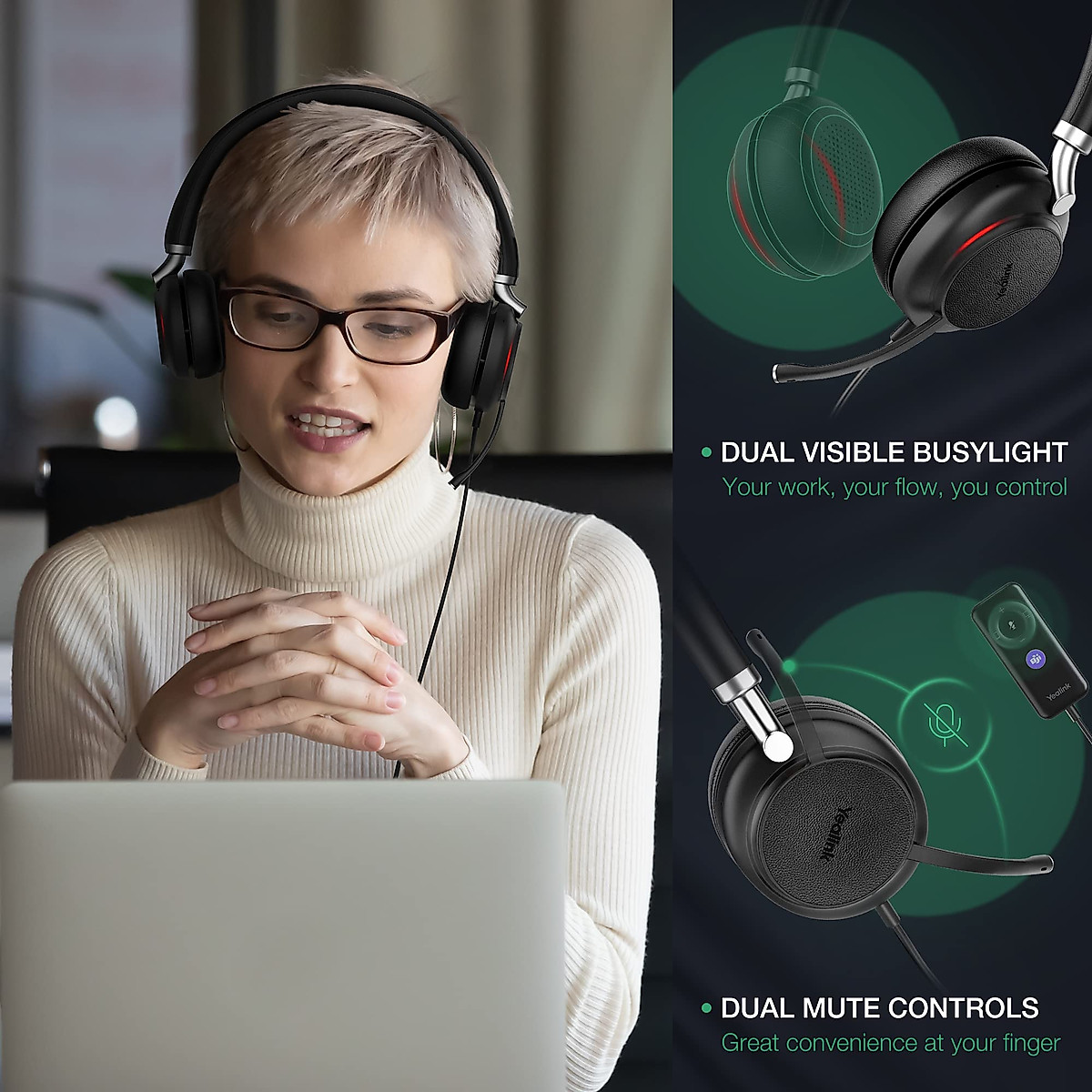Yealink UH38 Bluetooth USB Wired Headset with Microphone Stereo for PC Computer Headset Telephone Headset Teams Certified with Noise-Canceling with 360° Busylight