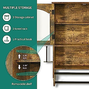 YITAHOME Bathroom Cabinet Wall Mounted Medicine Cabinet Organizer, Bathroom Storage with 2 Towel Hooks, Paper Towel Holder and Adjustable Shelf for Living Room Laundry Bedroom, Brown