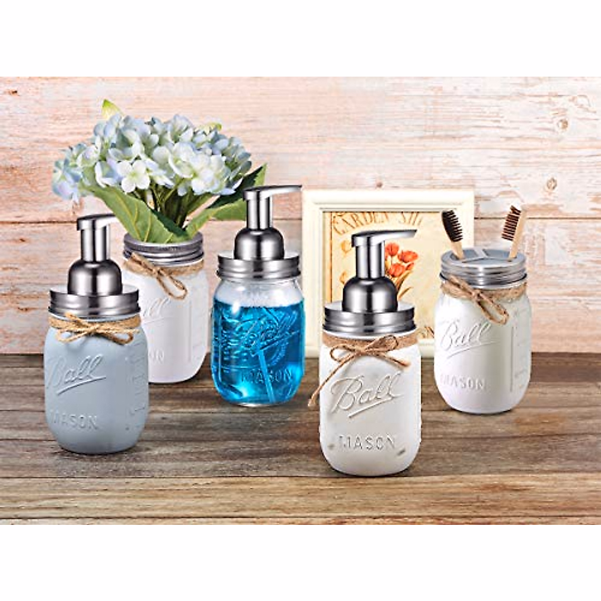 Mason Jar Bathroom Set（3 Piece）-Foaming Soap Dispenser, Toothbrush Holder,Flower Vase,for Wedding House Decor Countertop and Vanity Organizer Bathroom Kitchen Farmhouse Décor (Brushed Nickel