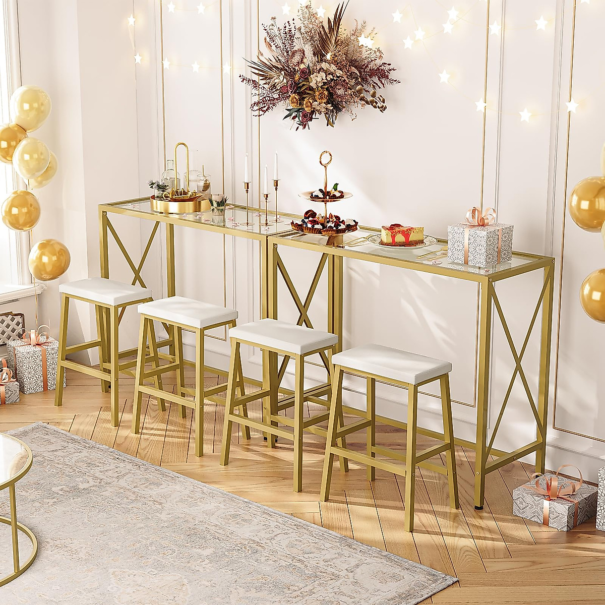 HOOBRO Bar Table Set of 2, 3 Piece Modern Bar Table and Chairs Set, 39.4'' Pub Table Dining Set, Counter Height Table, for Living Room, Kitchen Small Space, Gold and White GD14BT01