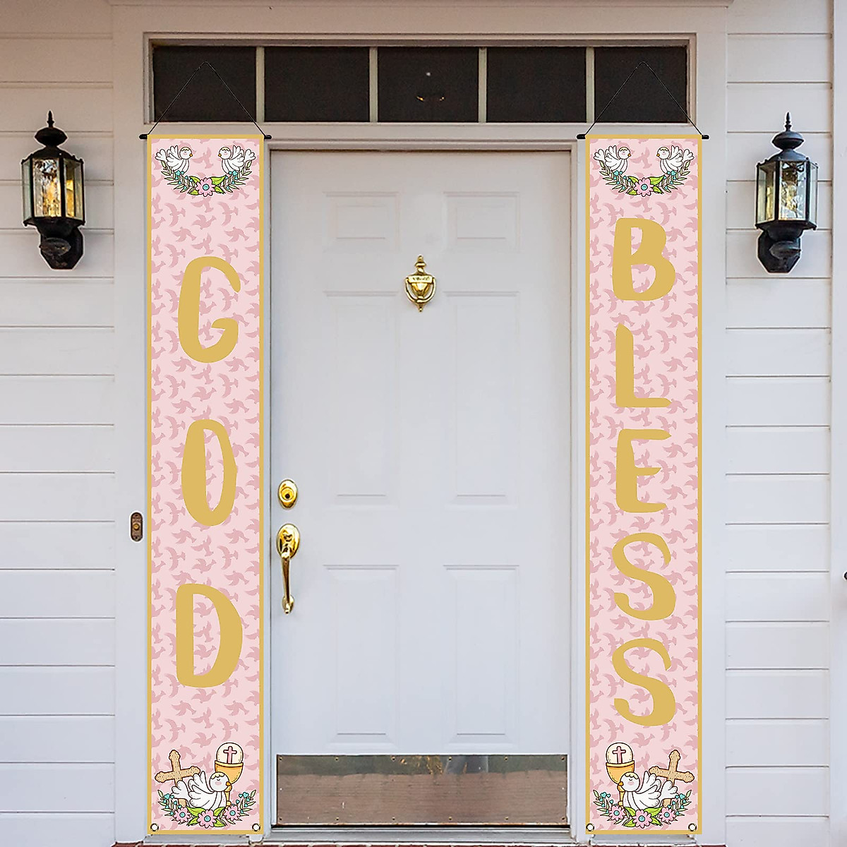 Pink First Communion Decorations God Bless Porch Banner Baptism Front Porch Sign 1st Communion Confirmation Decoration and Supplies for Girls-12×71''