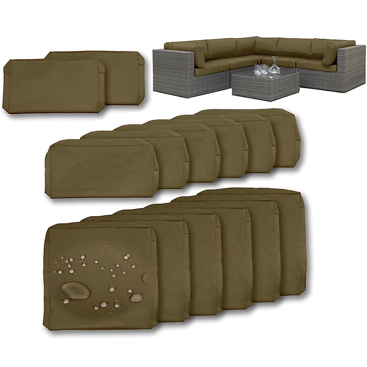 Outdoor Cushion Covers for 7 Pieces Wicker Rattan Furniture, 14Pack Replacement Cushion Slipcovers for 6-Seater Rattan Wicker Sectional Sofa Couch Taupe