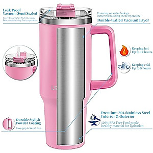 LSVUQED 40 oz Tumbler with Handle and Straw Lid, Insulated Reusable Stainless Steel Travel Mug Keeps Drinks Insulation up to 12 Hours, Leakproof Bottle for Water, Tea or Coffee and More.(Hot Pink)