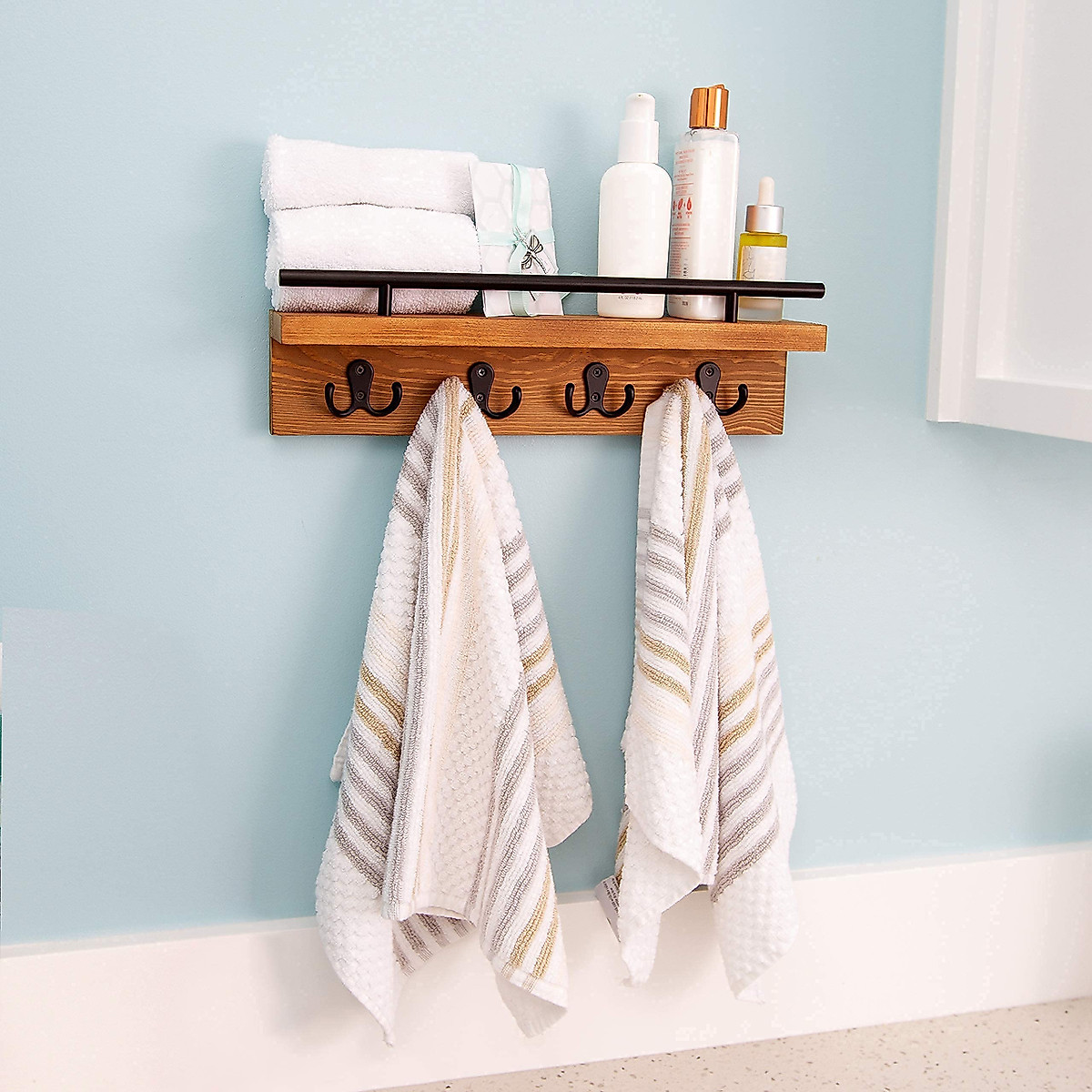 Ripple Creek Mail and Key Holder for Wall, Decorative Wooden Wall Shelf with Hooks, Wall Mounted Coat Rack with Shelf, Keys Organizer, Entryway Hooks with Home Bathroom Kitchen (Light Brown, Large)